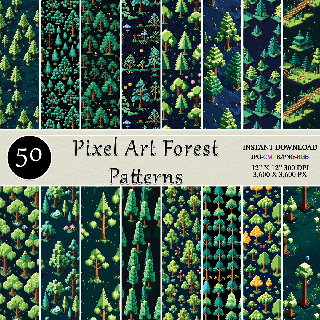 Pixel Art Forest, Pixel Art Nature Seamless Pattern Collection, Pixel ...