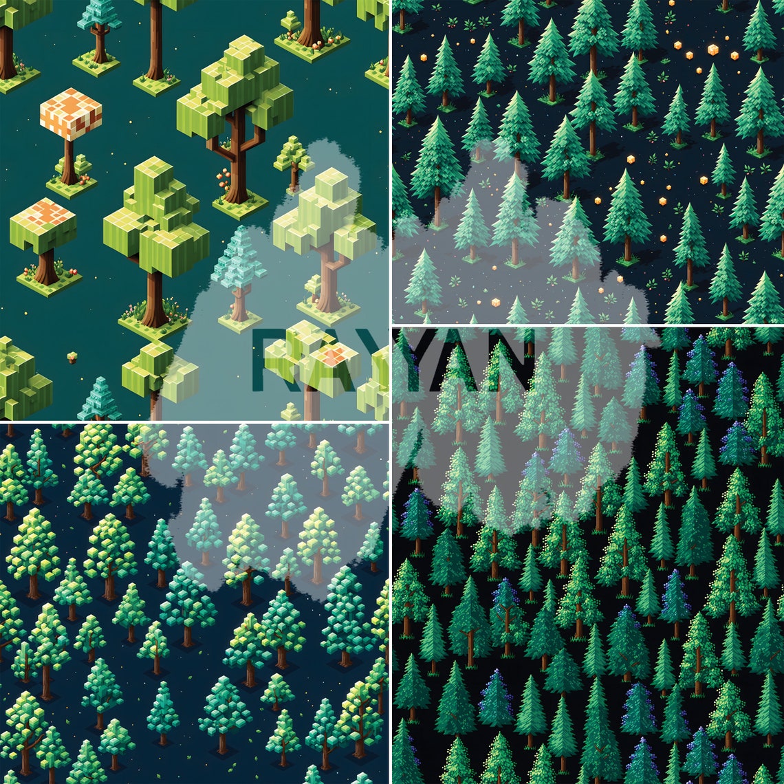 Pixel Art Forest, Pixel Art Nature Seamless Pattern Collection, Pixel ...