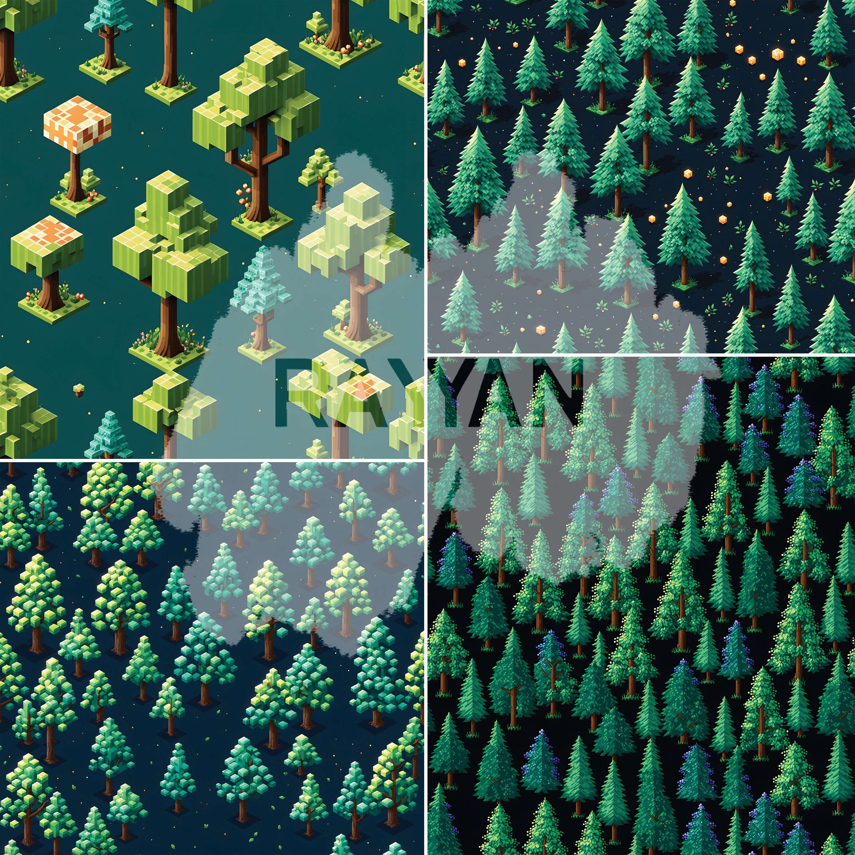 Pixel Art Forest, Pixel Art Nature Seamless Pattern Collection, Pixel ...