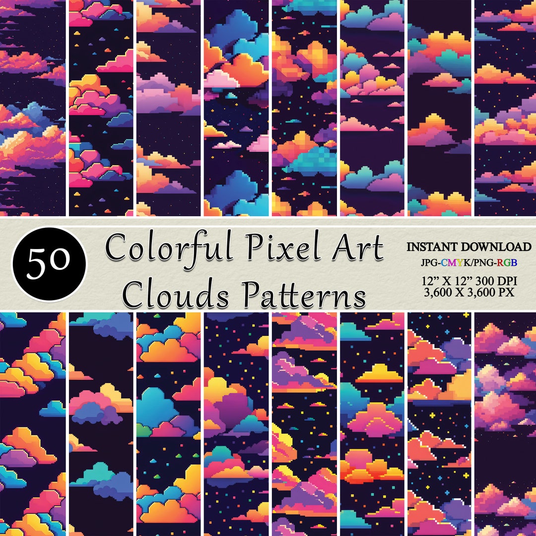 Pixel Art Clouds, Pixel Art Cluds Seamless Pattern Collection, Colorful ...