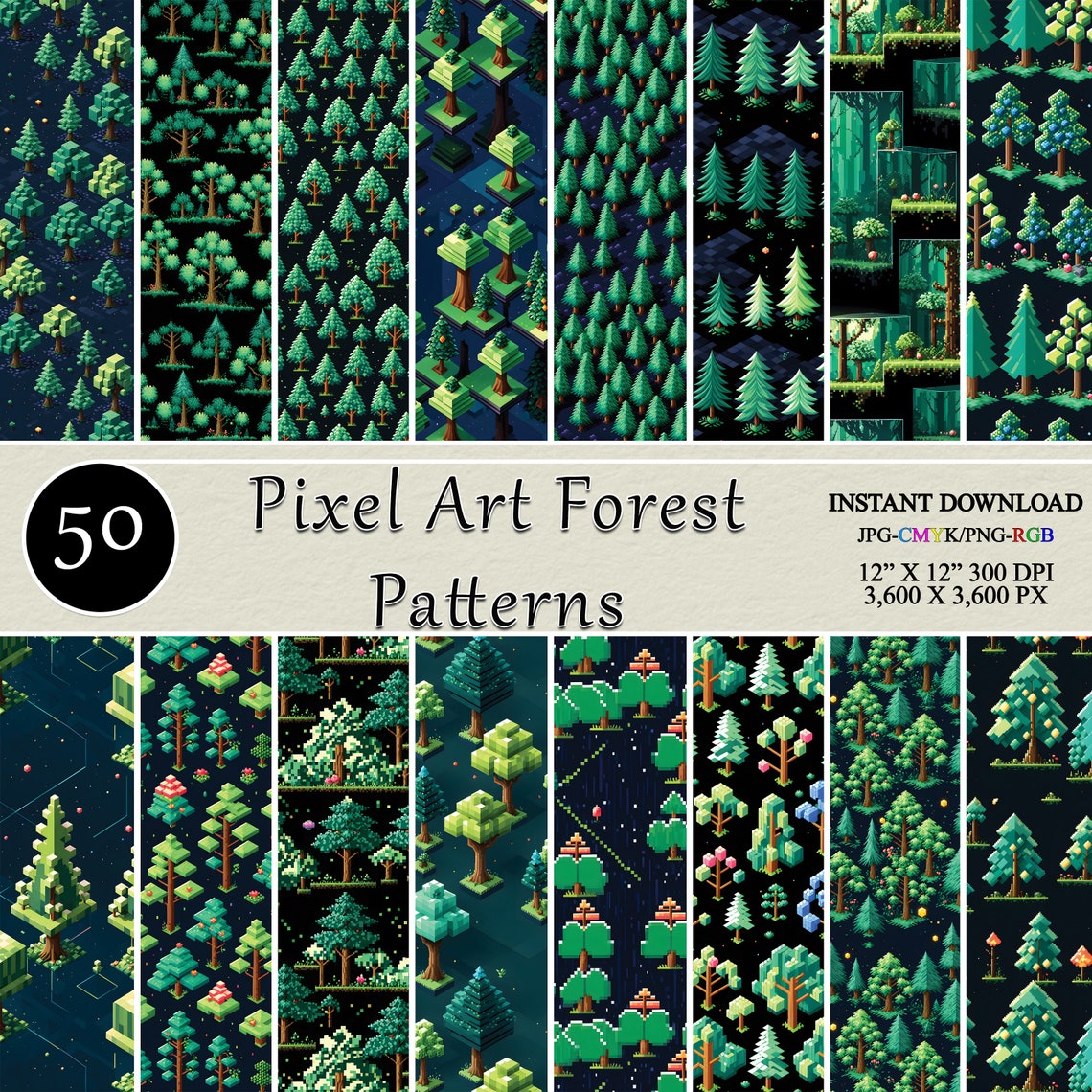 Pixel Art Forest, Pixel Art Nature Seamless Pattern Collection, Pixel ...