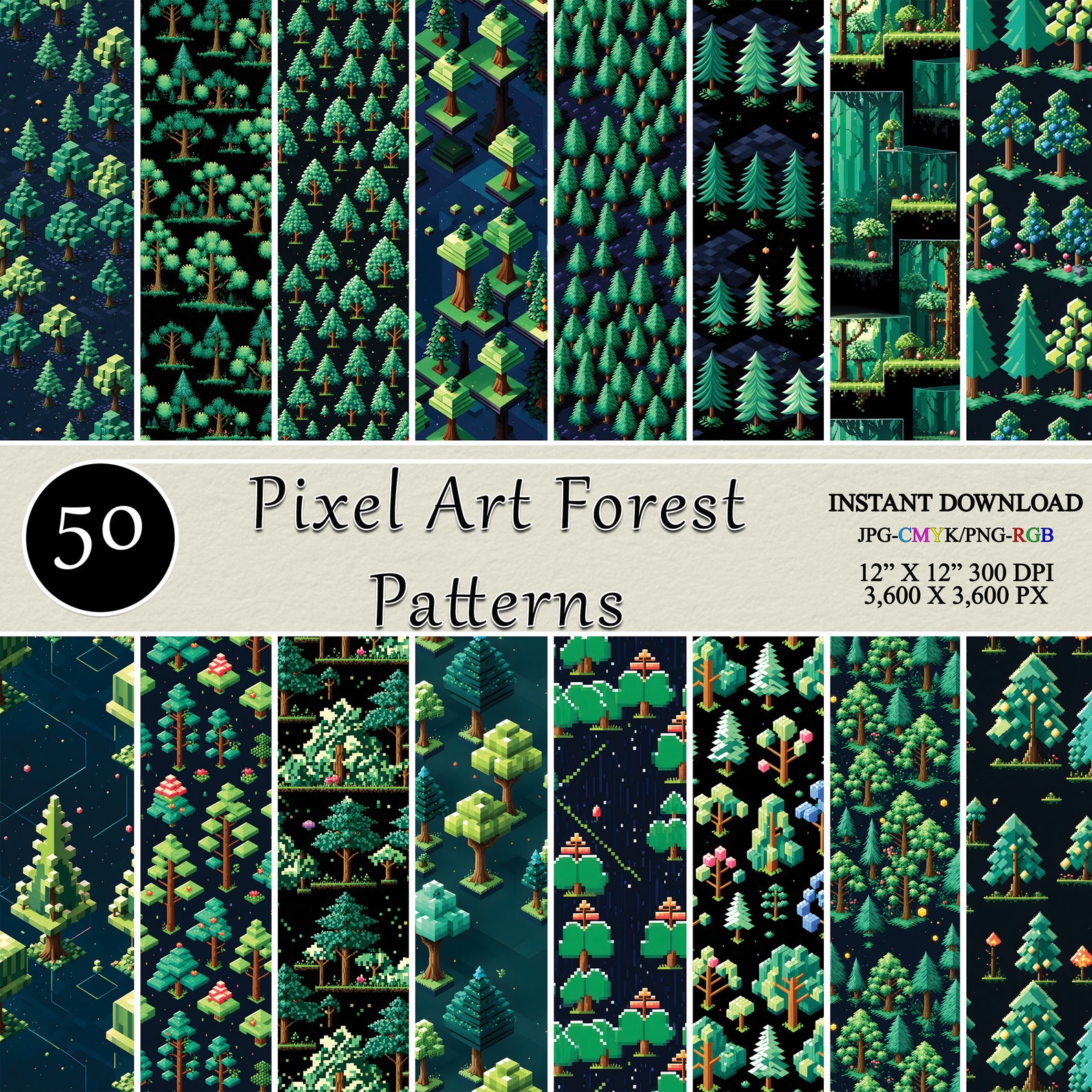 Pixel Art Forest, Pixel Art Nature Seamless Pattern Collection, Pixel ...