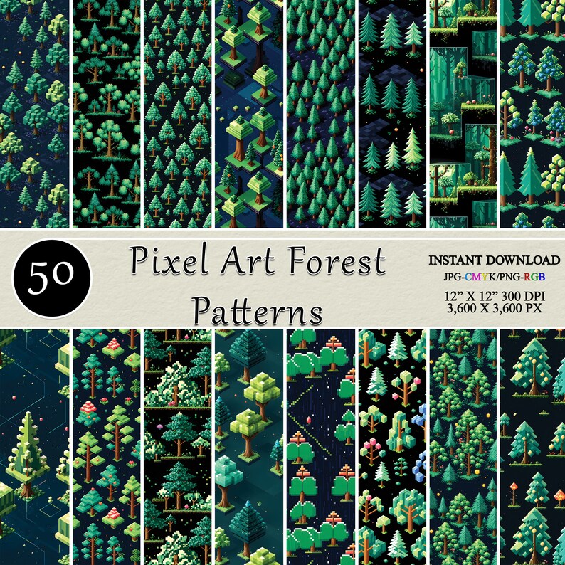 Pixel Art Forest, Pixel Art Nature Seamless Pattern Collection, Pixel ...