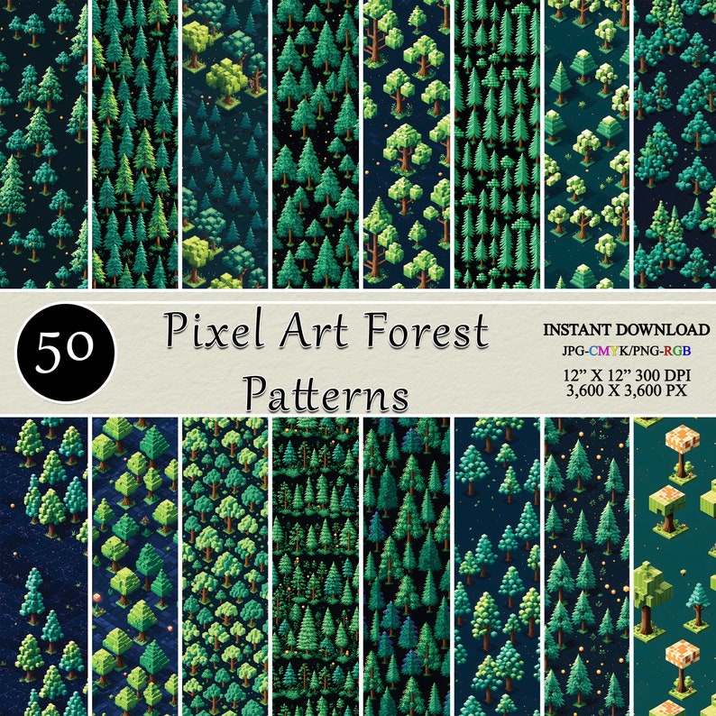 Pixel Art Forest, Pixel Art Nature Seamless Pattern Collection, Pixel ...