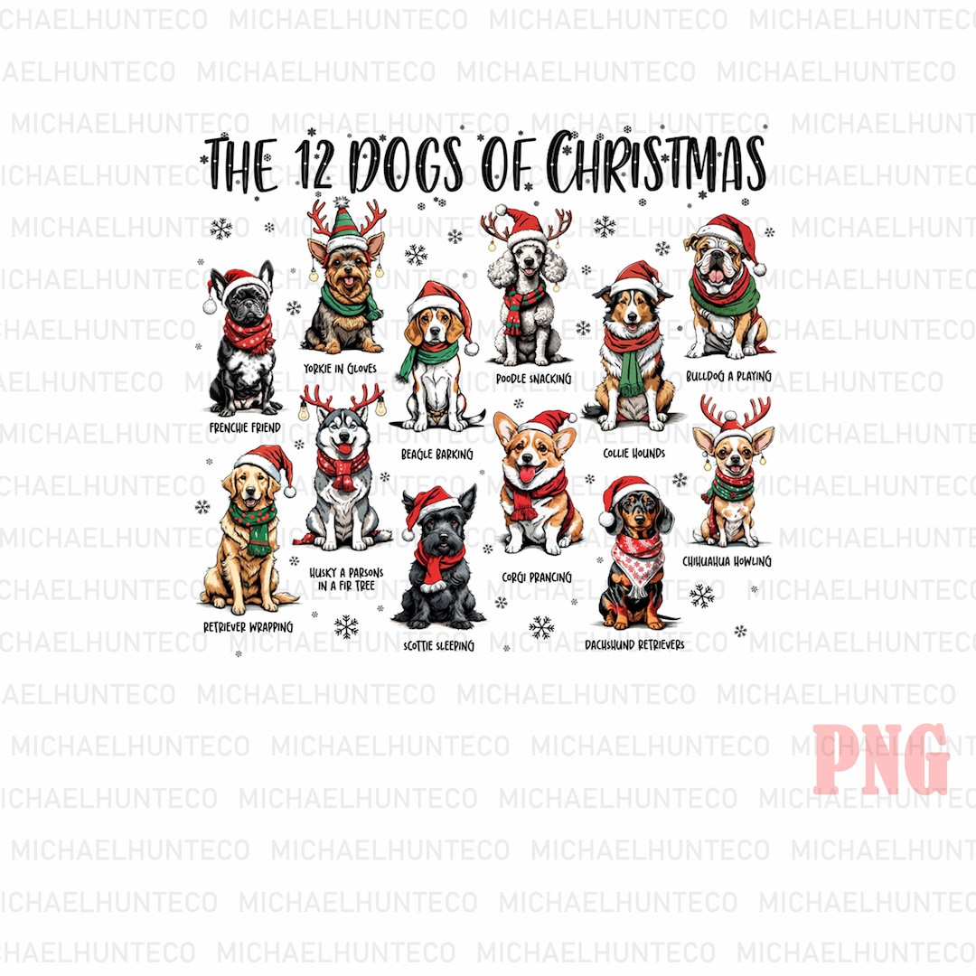 Los 12 perros de Navidad PNG, perros de Navidad PNG, sublimación de perros de Navidad, Merry ...