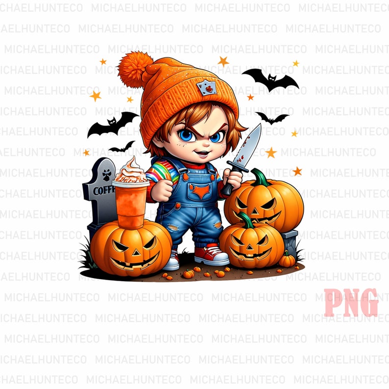 Cute Horror Halloween Chucky Png, Fall Halloween Coffee Png, Cute ...