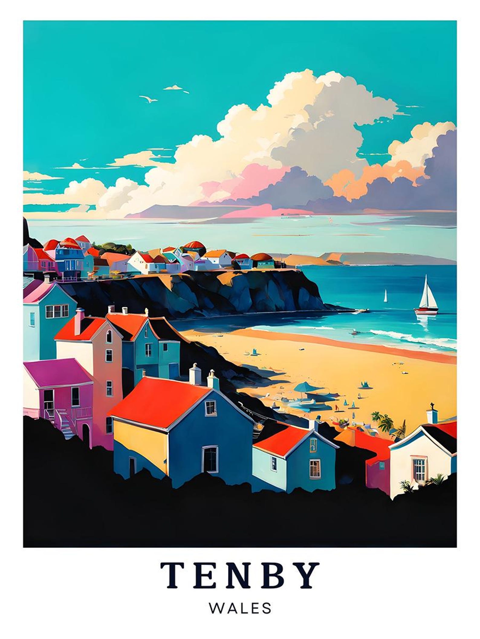Tenby Poster, Wales Poster, Colorful Coastal Town Wall Art Decor - Etsy