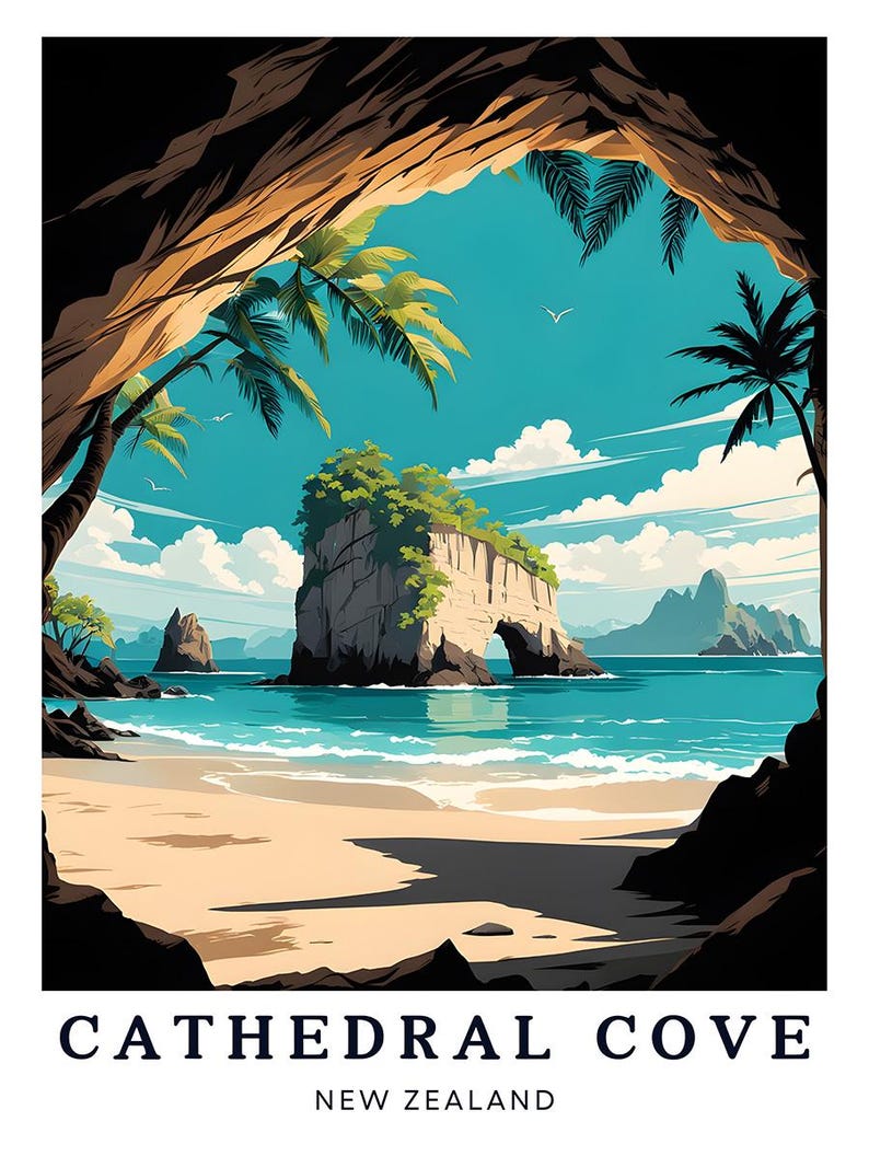 Cathedral Cove Poster, New Zealand Poster, Stunning Coastal Paradise ...