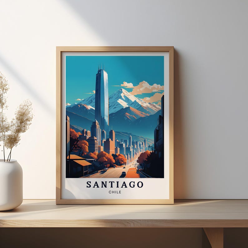 Santiago Travel Poster, Chile Travel Print, City Skyline With Andes ...