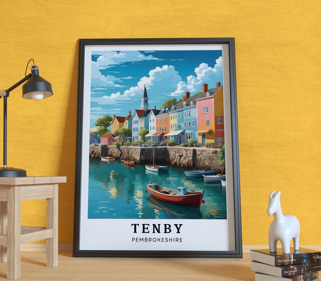 Tenby Travel Poster, Pembrokeshire Coastal Art, Colorful Harbor Print ...