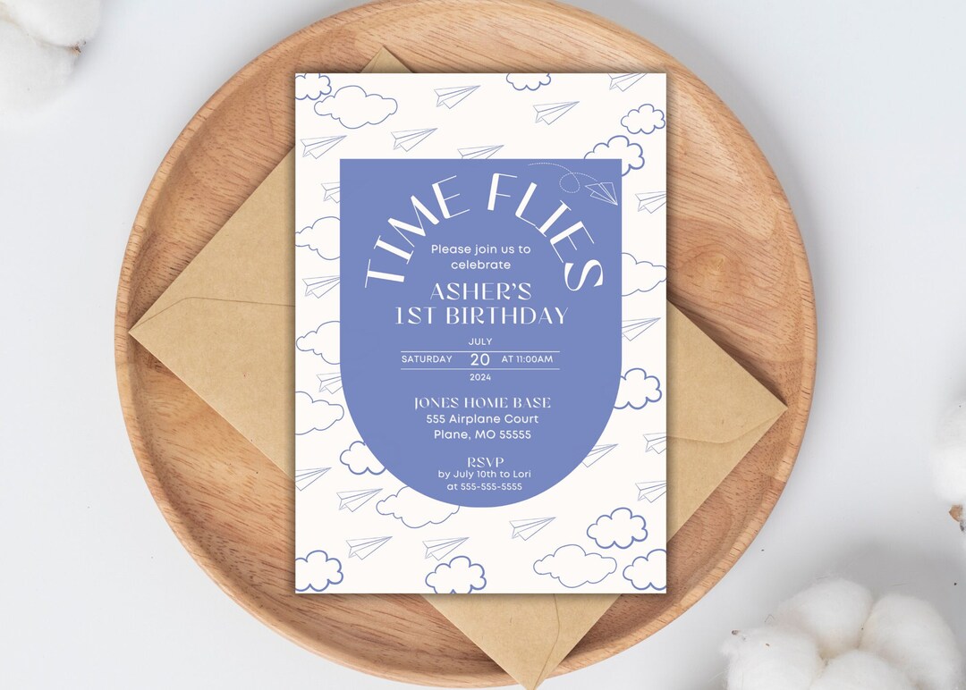 Airplane Birthday Invitation, Paper Airplane 1st Birthday Party Invite ...