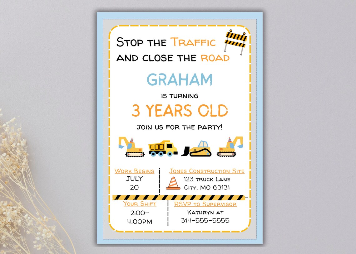 Construction Birthday Invitation, Construction Vehicles Boy Birthday ...