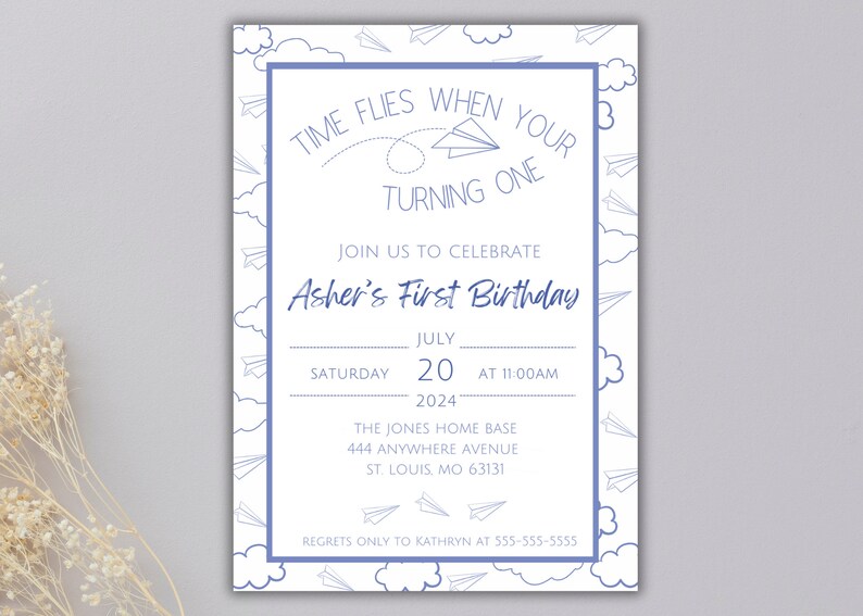 Airplane Birthday Invitation, Paper Airplane 1st Birthday Party Invite ...