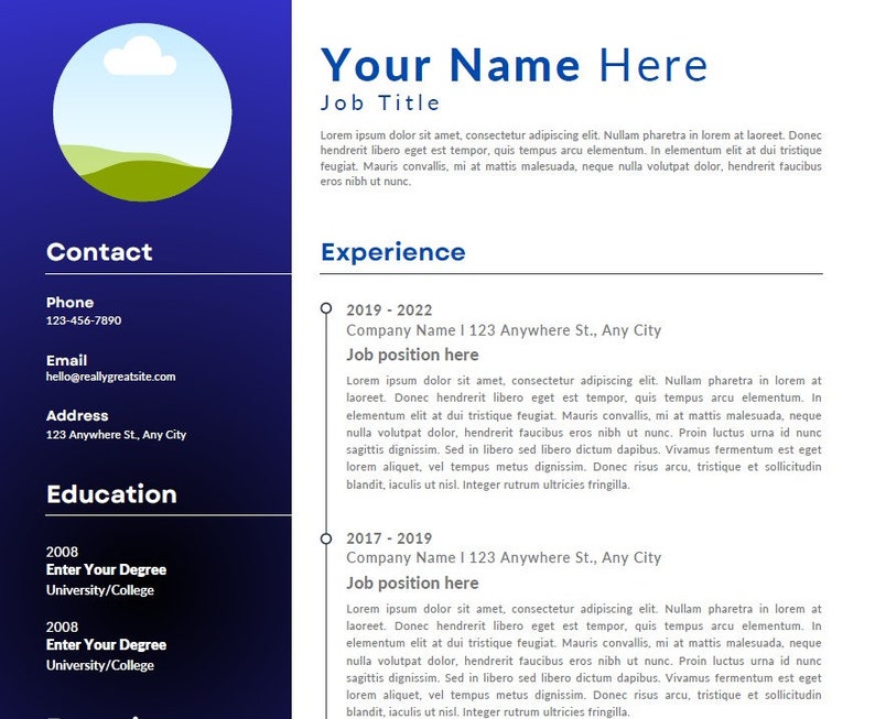 Professional Resume Template With Blue Strip Sidebar and Photo - Etsy