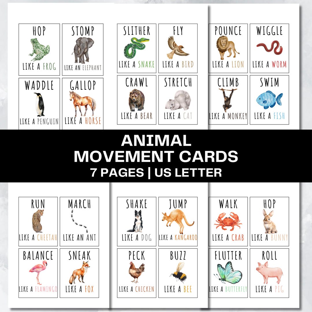 Animal Movement Cards Ice Breaker Game Printable Animal Flash Cards for ...