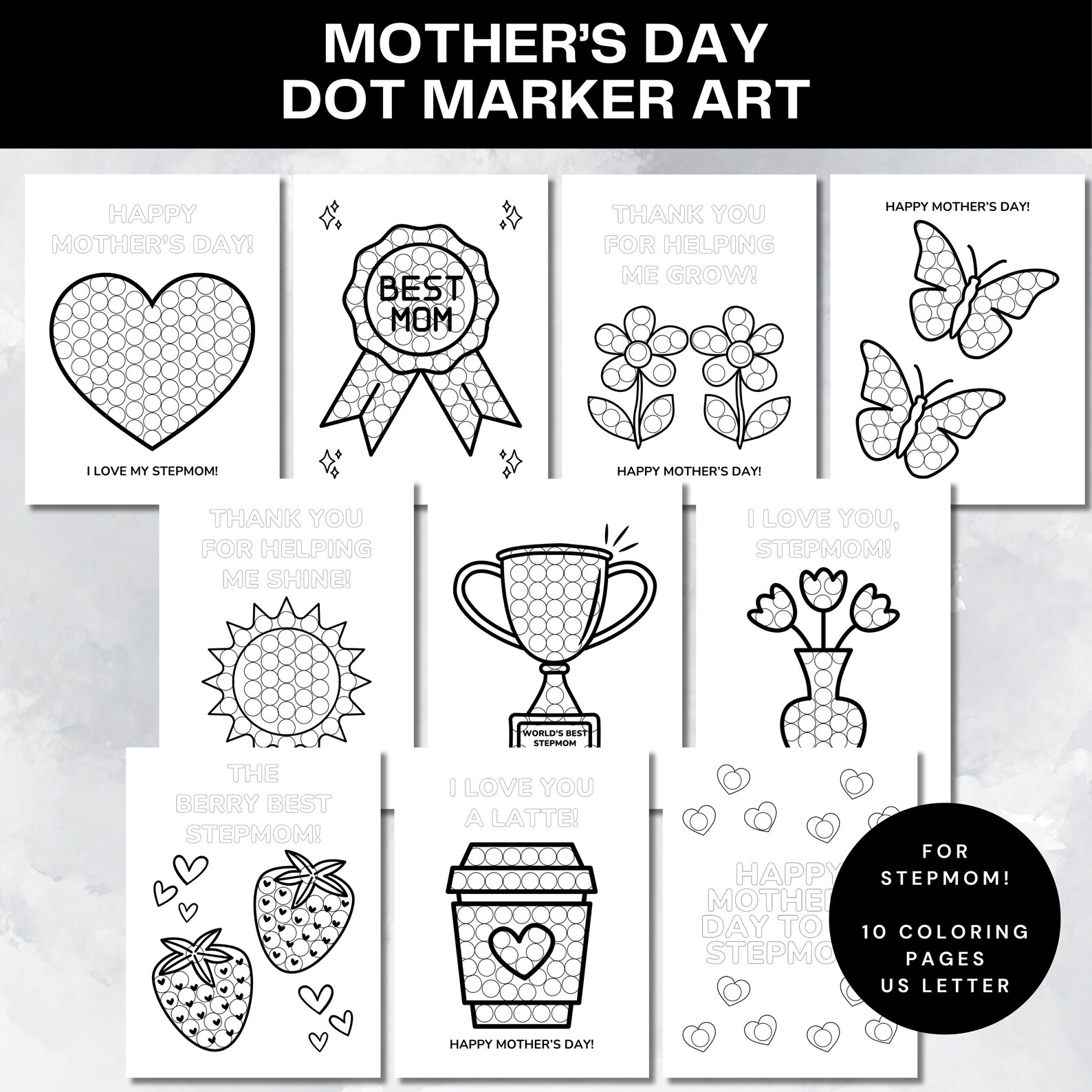 Happy Mothers Day Dot Marker Stepmom Coloring Card Do a Dot Printable ...