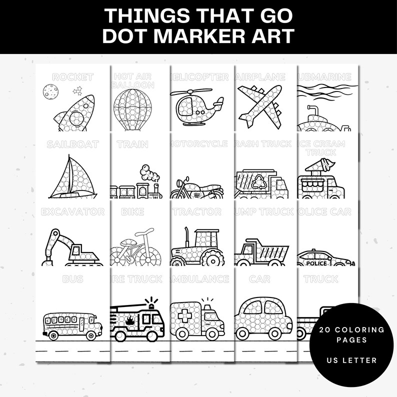 Things That Go Dot Marker Activity Printable Car Coloring Sheet Vehicle ...