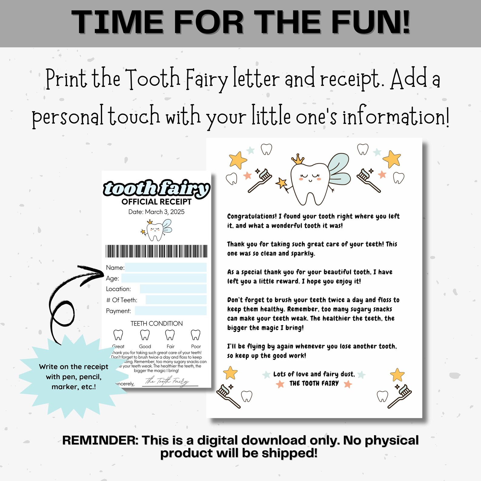 Tooth Fairy Letter With Tooth Fairy Receipt Lost Tooth Printable Tooth ...