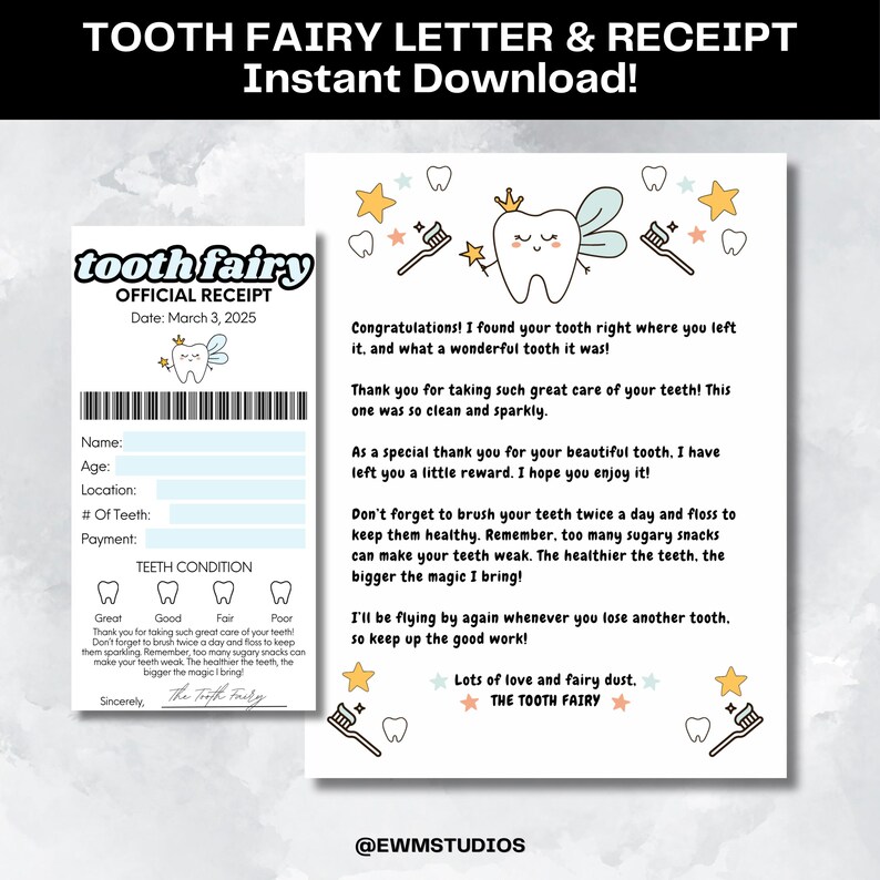 Tooth Fairy Letter With Tooth Fairy Receipt Lost Tooth Printable Tooth ...