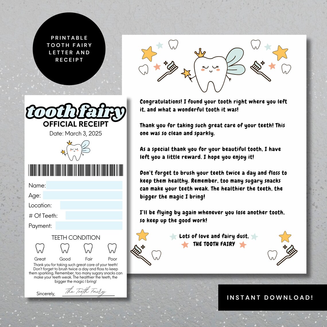 Tooth Fairy Letter With Tooth Fairy Receipt Lost Tooth Printable Tooth ...