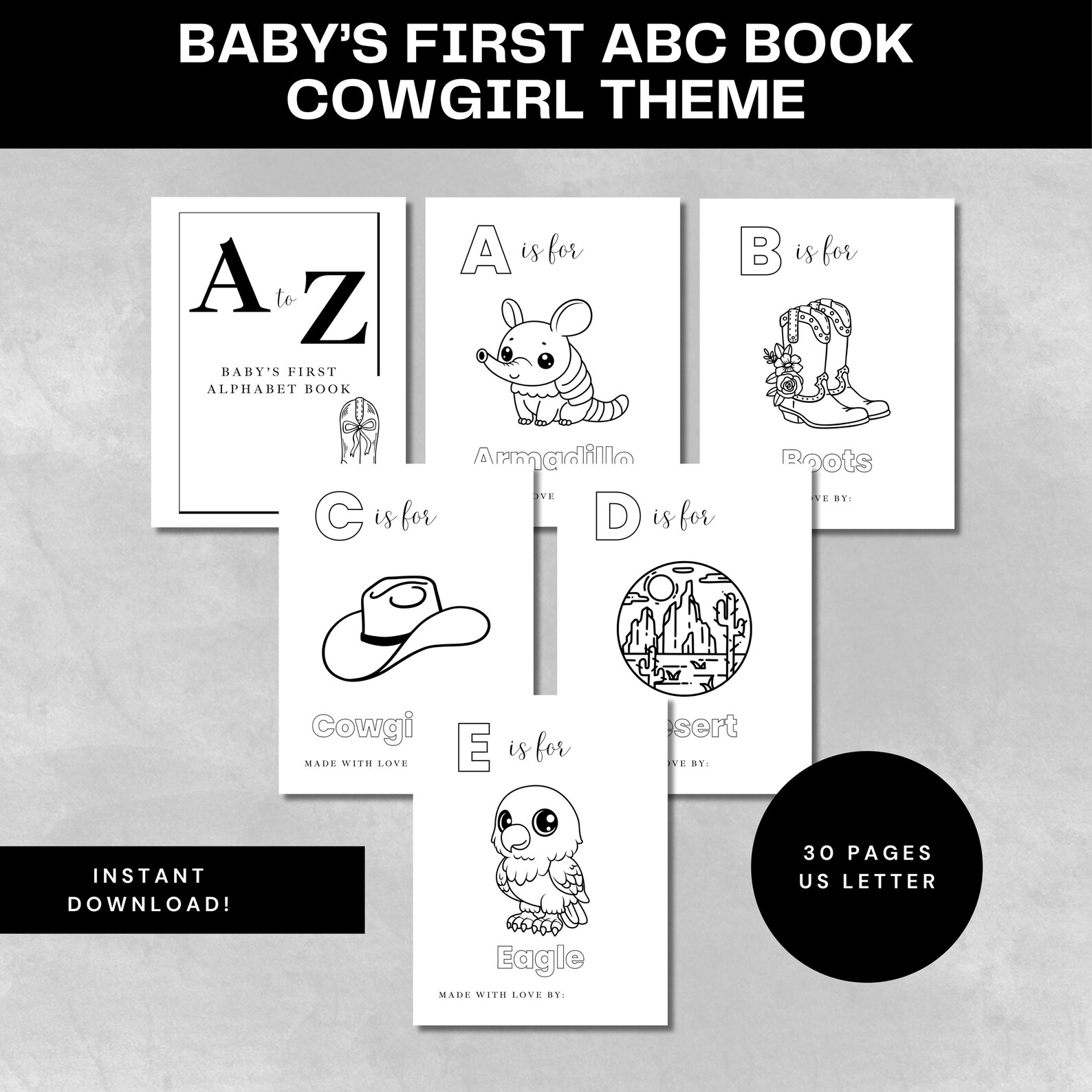 Cowgirl Baby Shower ABC Book Alphabet Coloring Book Western Baby Shower ...