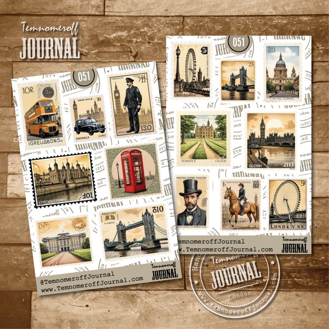 Vintage London Stamps Sticker Sheet, Vintage Postal Stamps, London ...