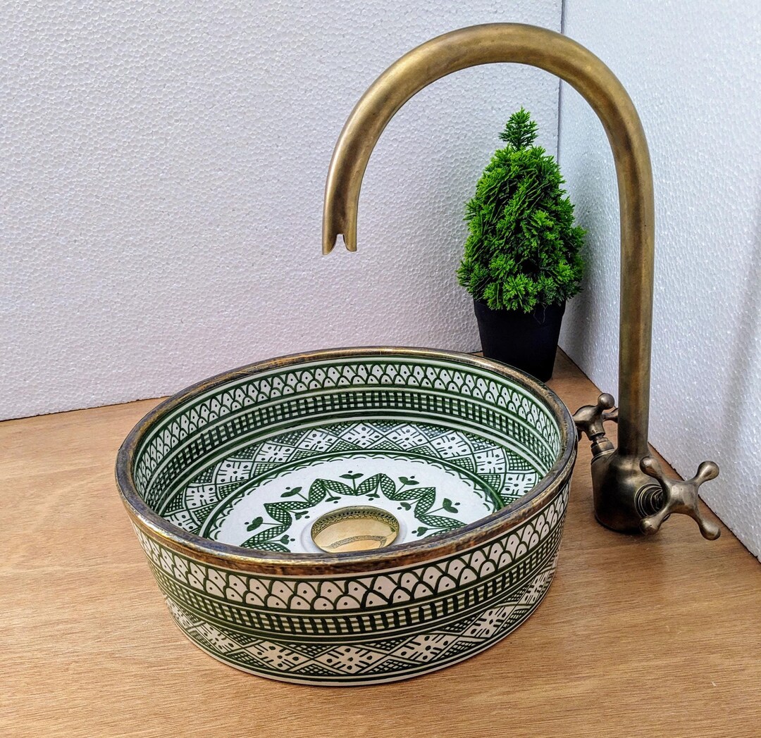 Modern Wash Basin With Brass Rim Complements Lavatory Handmade Vessel ...