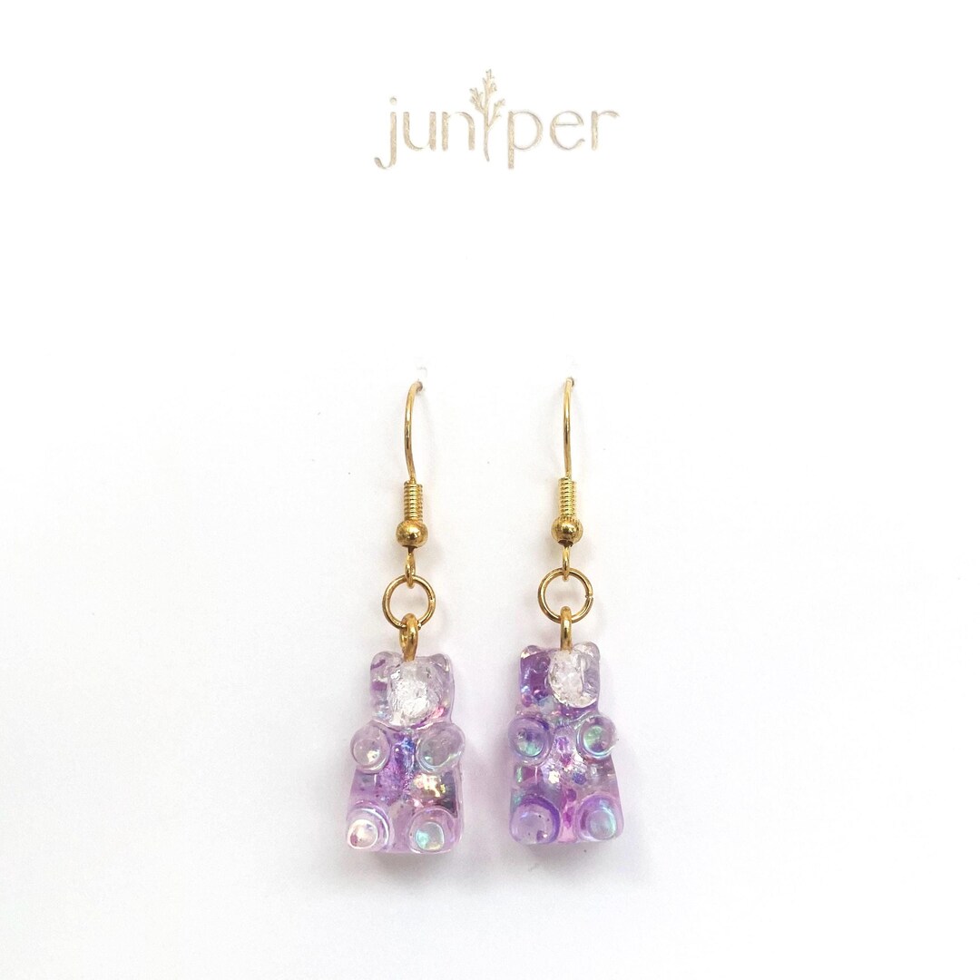 Purple Lilac Irredescent Gummy Bear Resin Earrings Gold Hook Preppy Pop ...