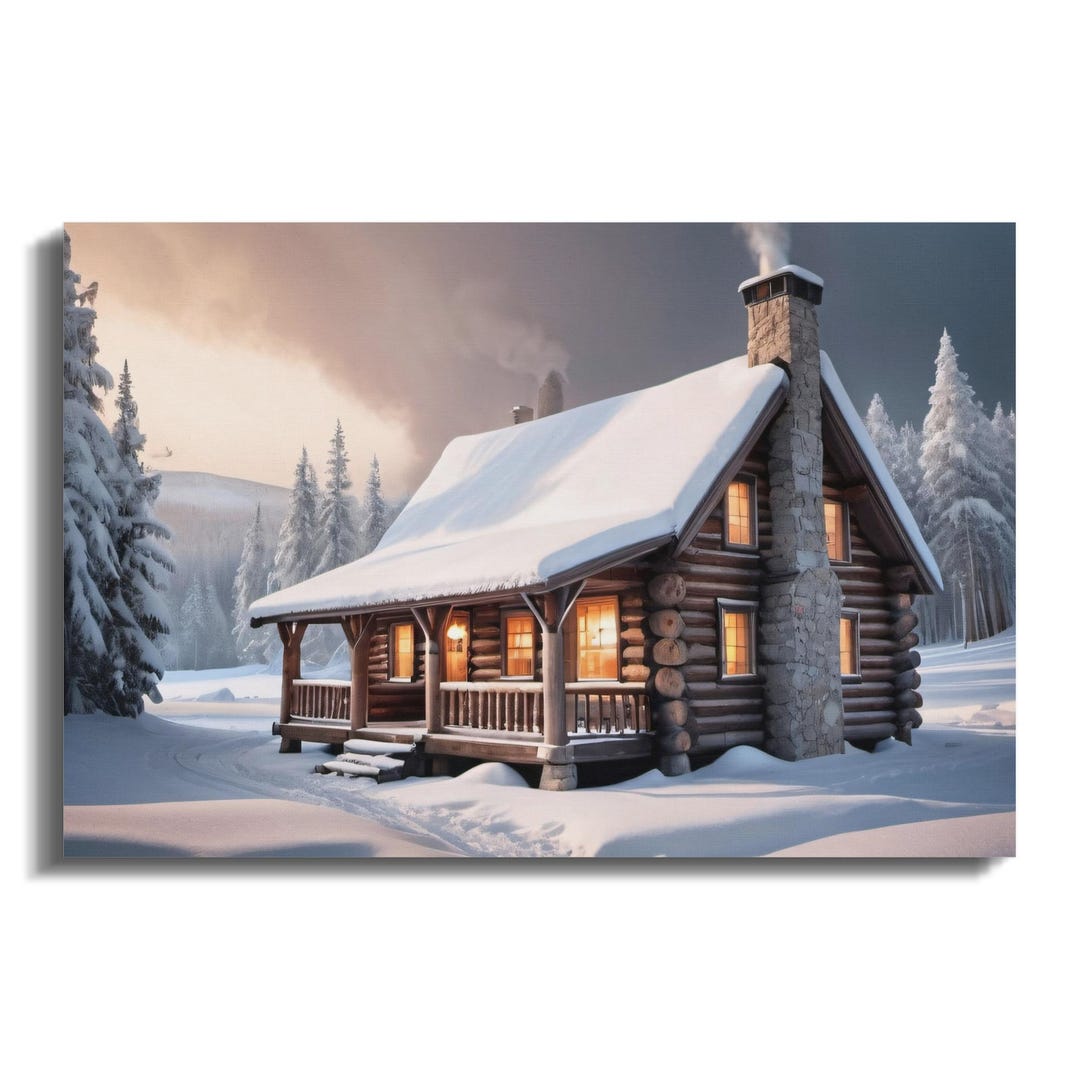 Cozy Winter Cabin Digital Art Print, Snowy Landscape Artwork Download ...