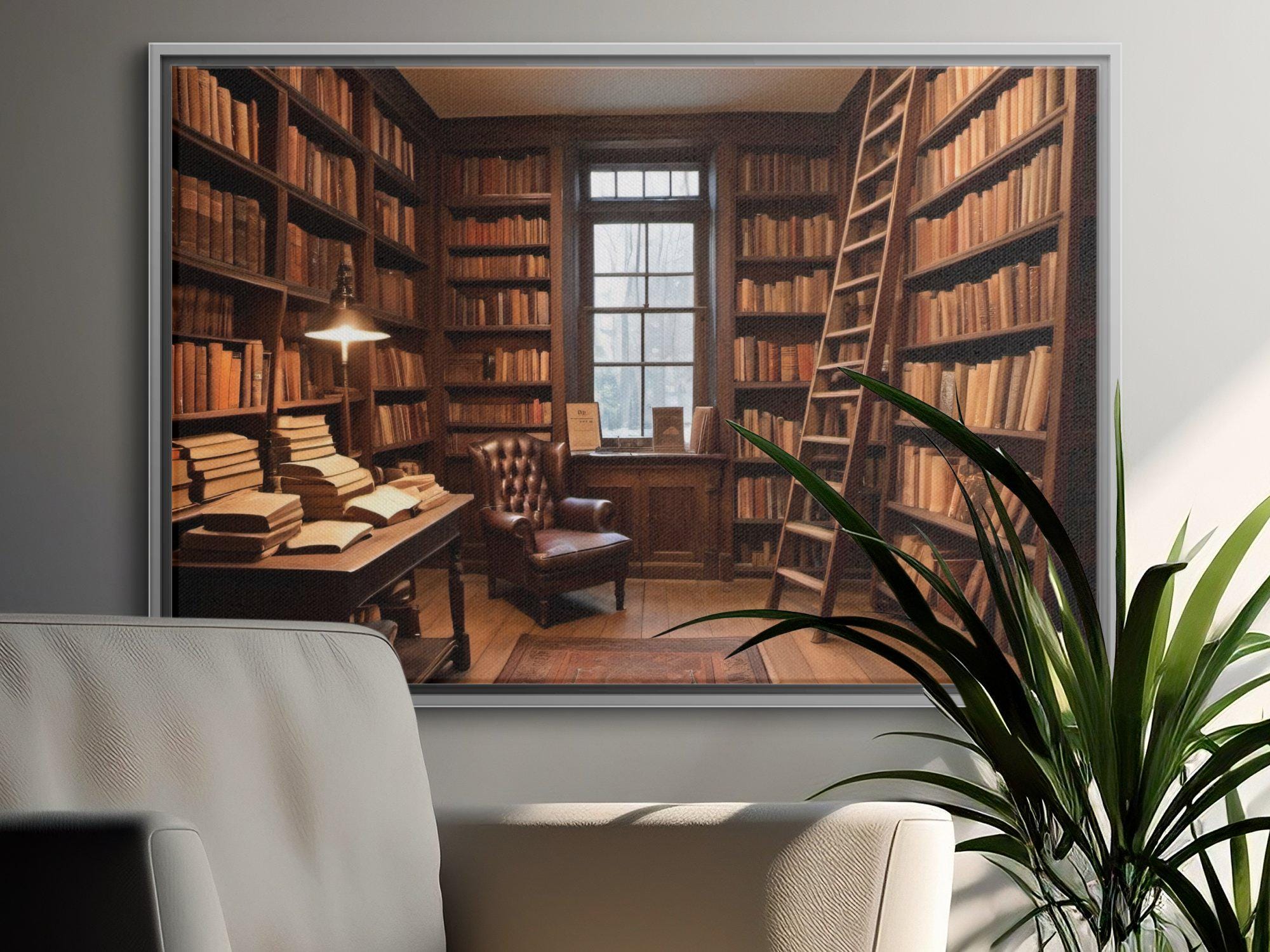 Vintage Library Wall Art, Cozy Reading Room Decor, Rustic Book Nook ...