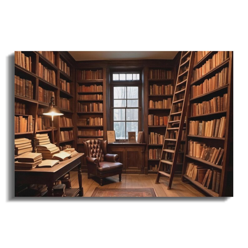 Vintage Library Wall Art, Cozy Reading Room Decor, Rustic Book Nook ...