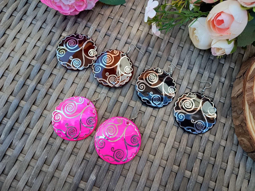 Large Shell Disc Earrings With Silver Swirls, Round Shell Drop Earrings ...