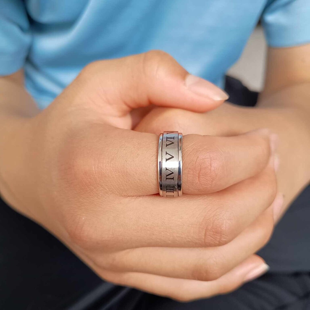 Roman Numerals Ring, Silver Numeral Ring, Stainless Steel Spinning Ring ...