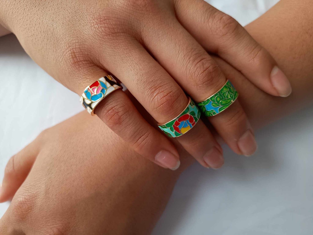 Enamel Flower Ring, Colourful Floral Ring, Bohemian Ring, Statement ...