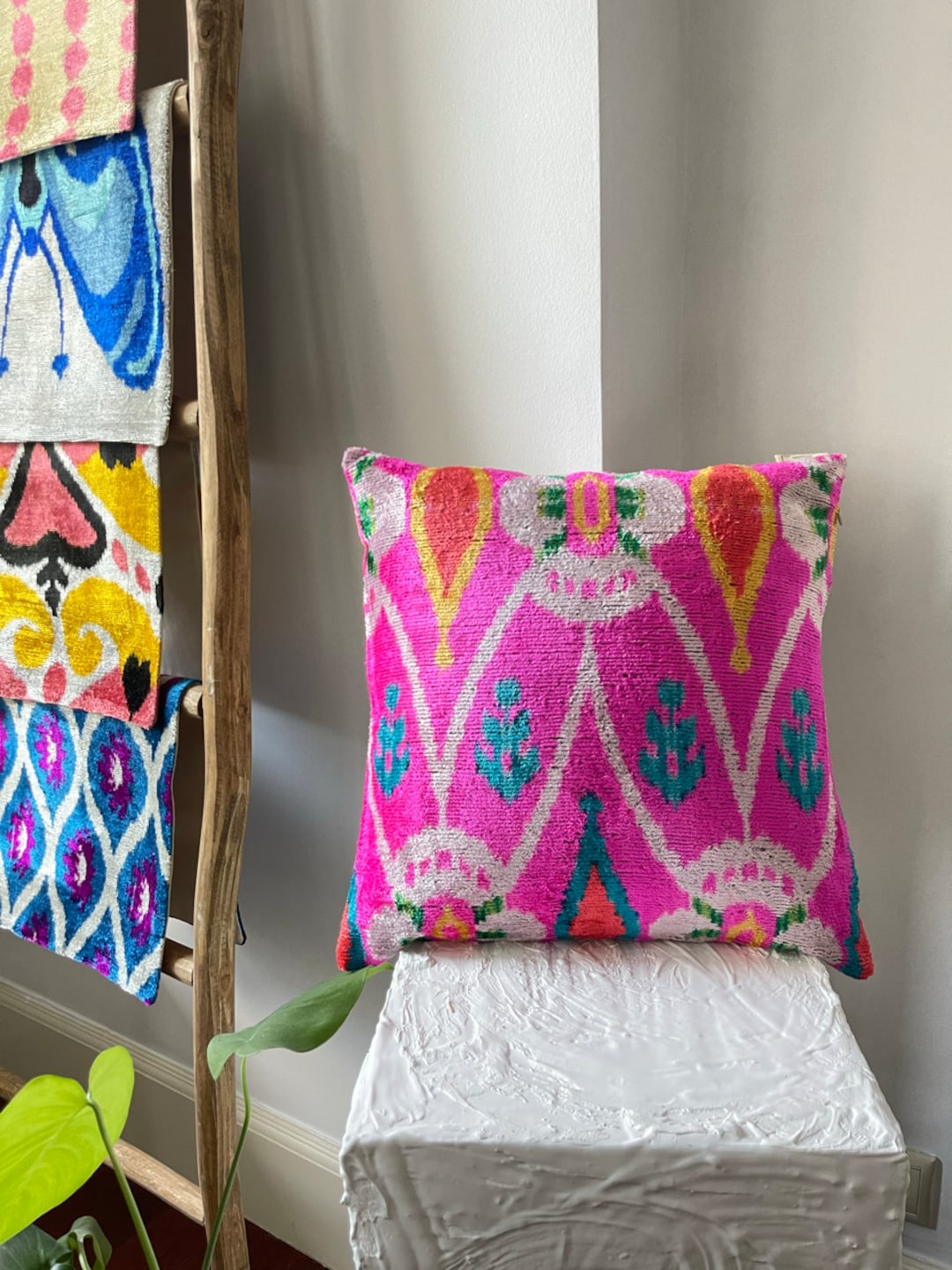 Pink Ikat Velvet Pillow, Pink Ikat Cushion Cover, 16x16 Ikat Pillow ...