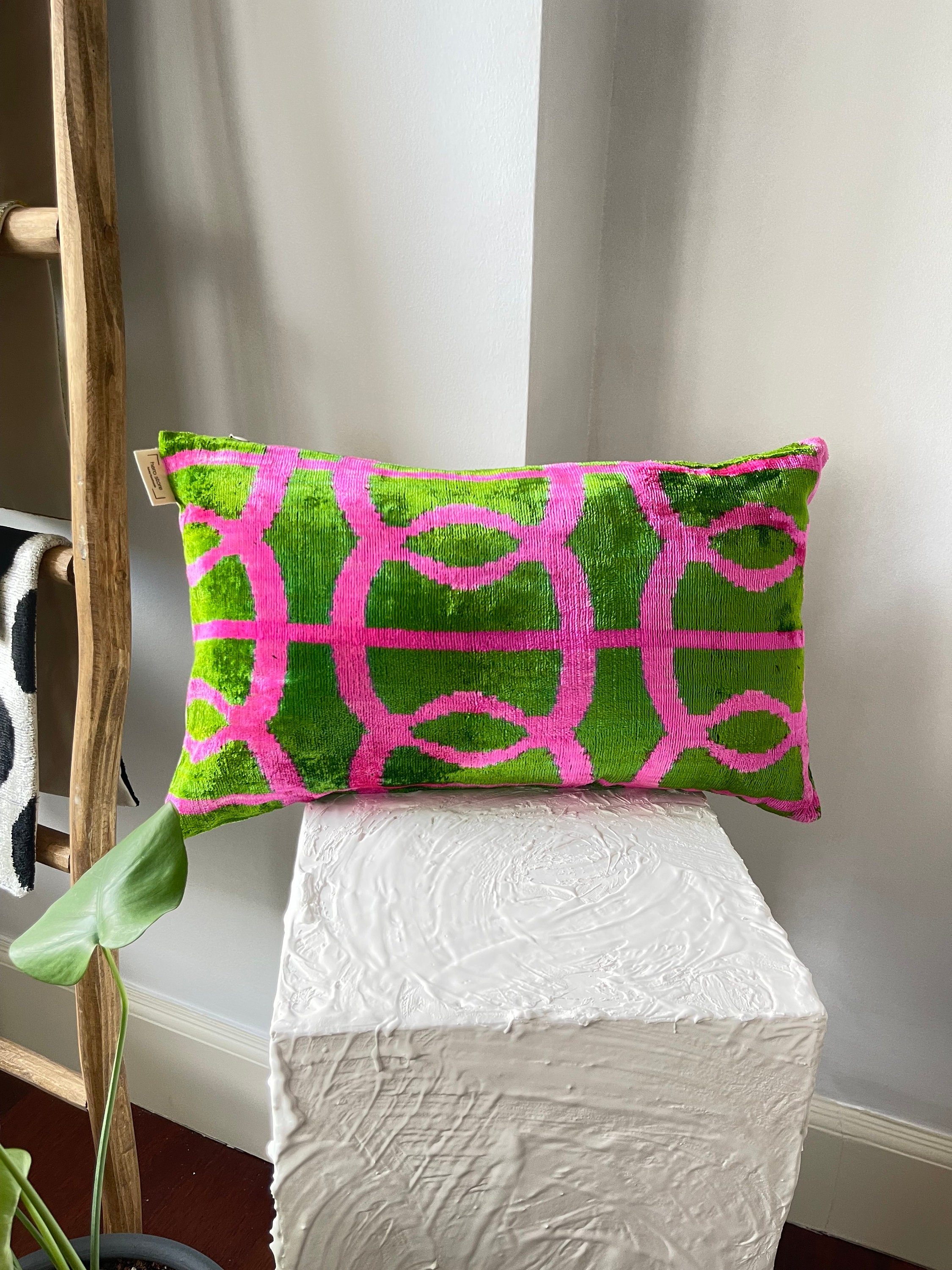 Green Pink Ikat Velvet Pillow, Pillow Covers 12x20, Lumbar Ikat Pillow ...