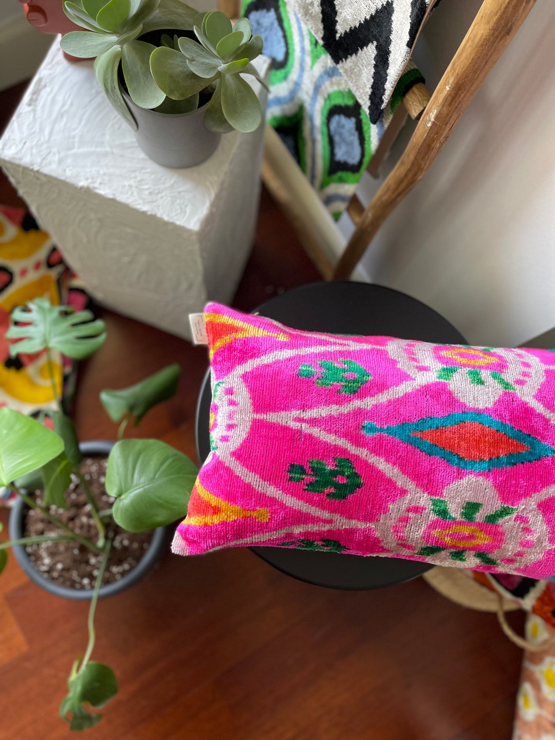 Pink White Brown Ikat Velvet Pillow,pillow Covers 12x20, Lumbar Ikat ...