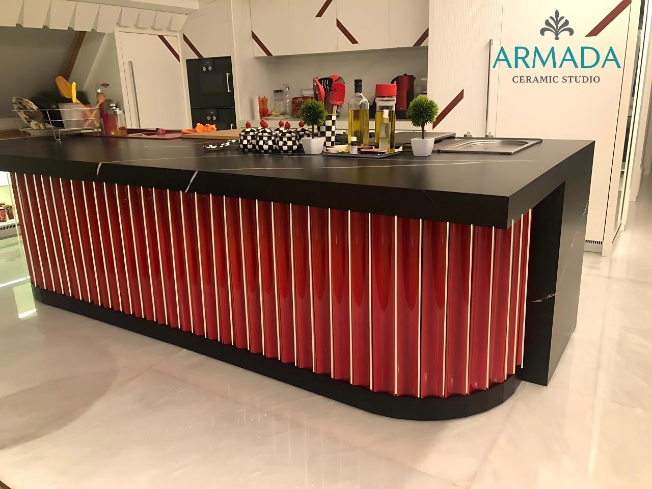 Handmade Red Fluted Ceramic Bar Tiles: Gloss Glaze, 3D Wave (sample ...