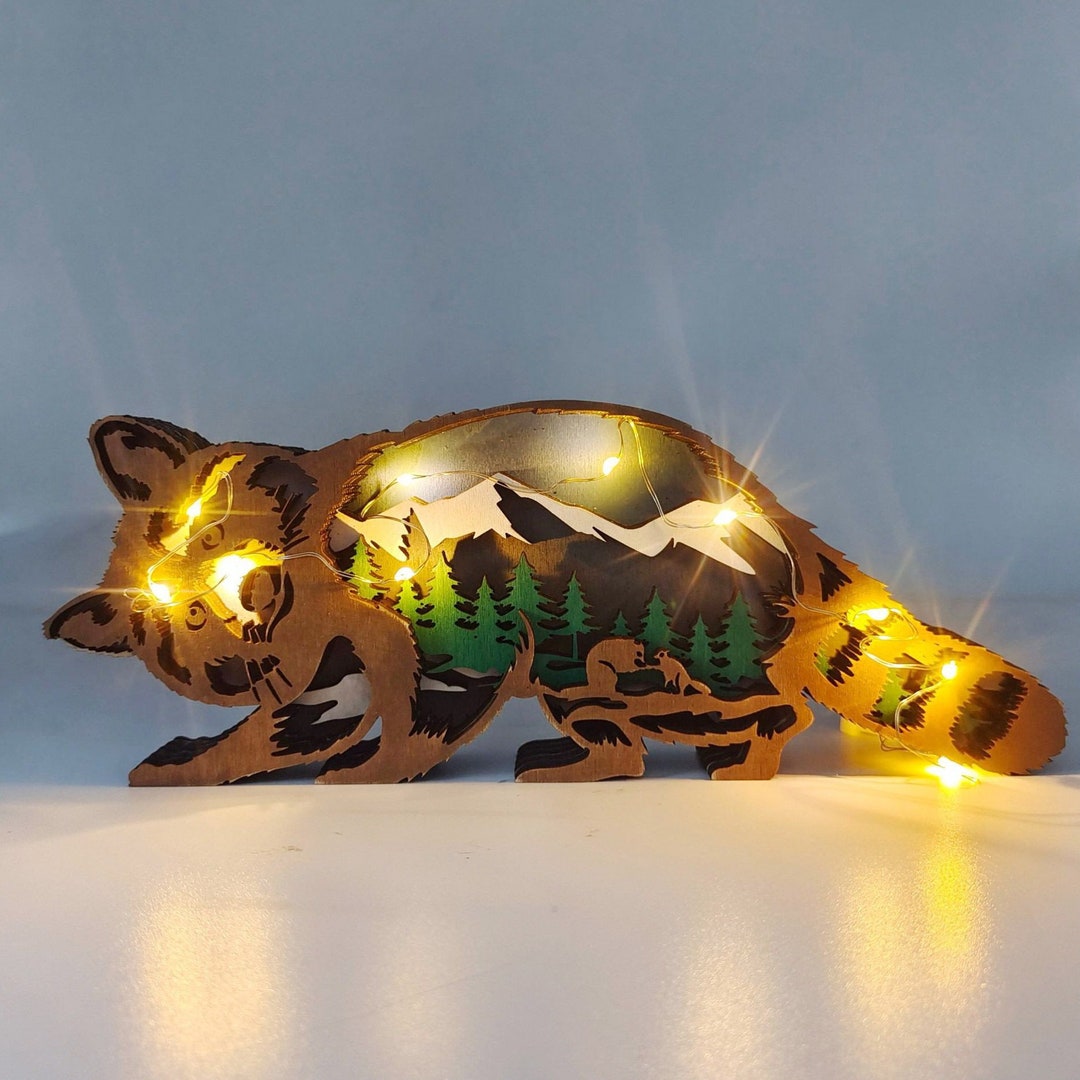 Handcrafted 3D Wooden Raccoon Decoration Lamp With Warm Light - Unique ...