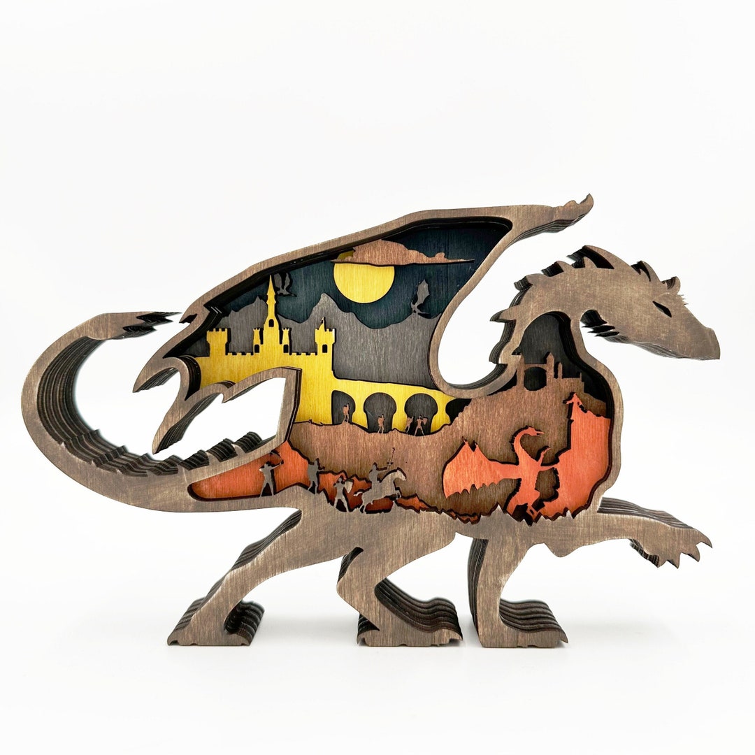 Custom 3D Carved Wooden Flying Dragon With LED Lights Artistic Desktop ...