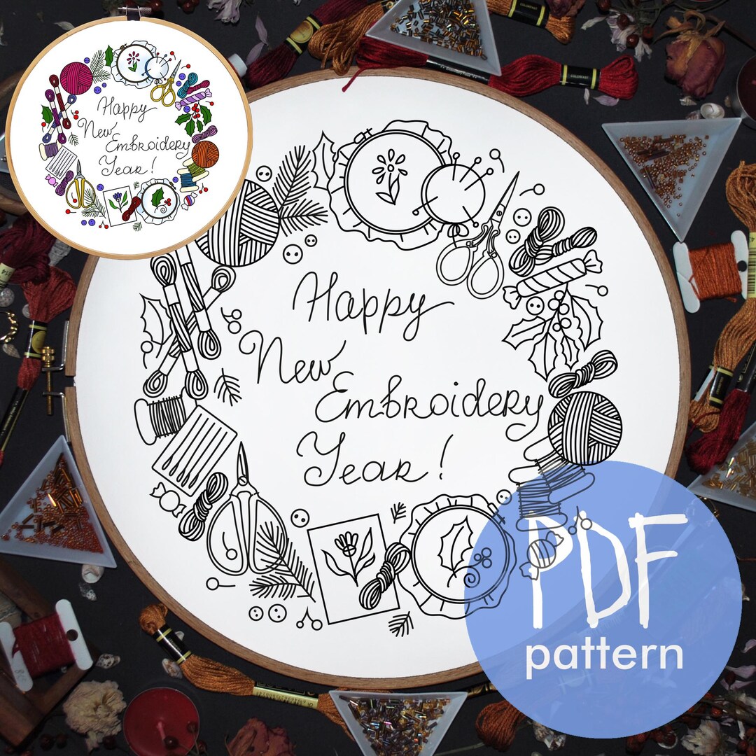 Happy New Year Embroidery Pattern, Gift for Embroiderer. Botanical ...