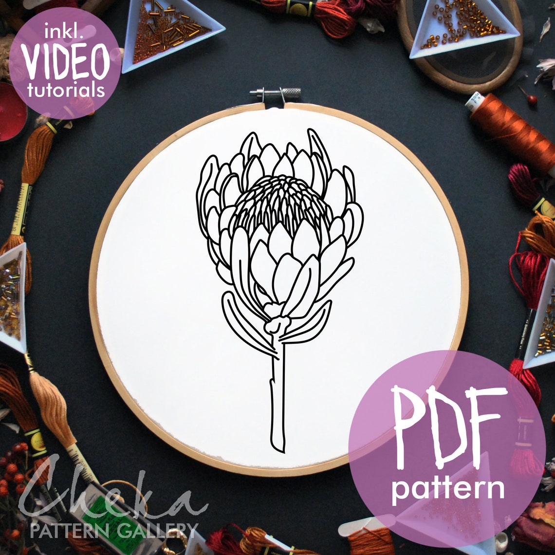 Protea Embroidery Bundle, Set of 4 Floral Hand Embroidery Patterns ...