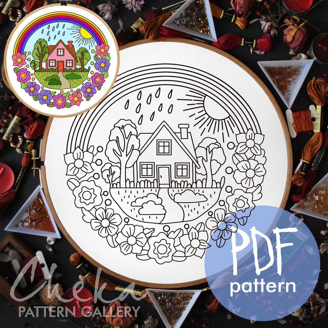 Cottage Hand Embroidery Template, Rainbow Embroidery Pattern ...