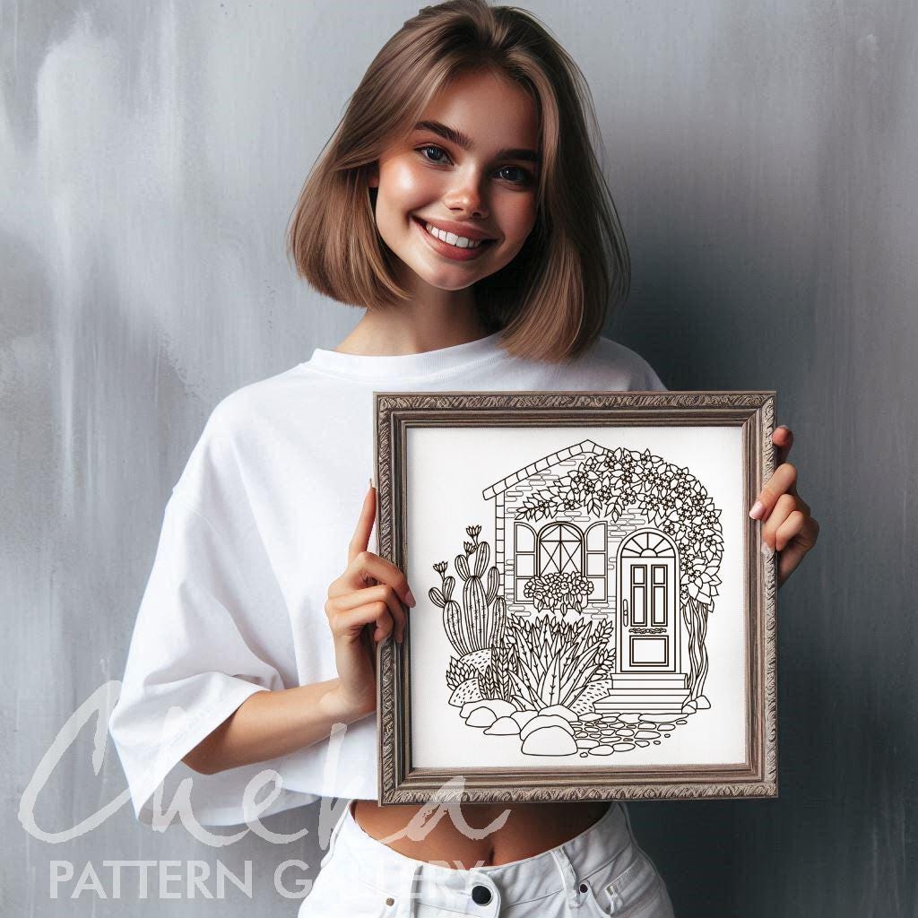 Cottage Hand Embroidery Template, House With Garden Embroidery Pattern ...
