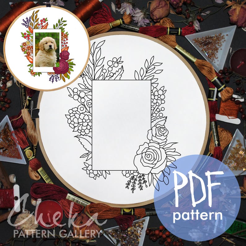 Photo Frame, Hand Embroidery Pattern With Autumn Flowers, Handmade ...