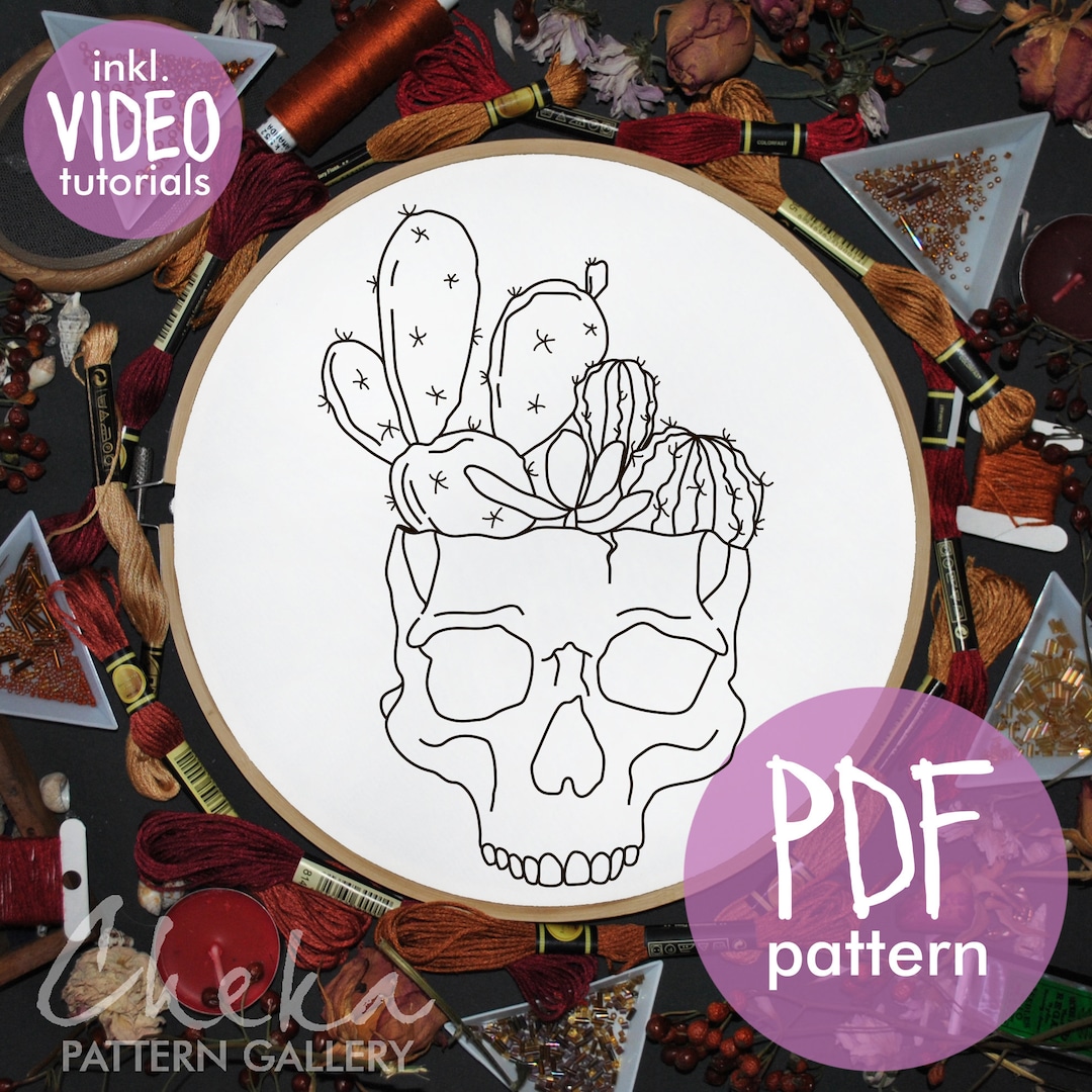 Skull With Cactus Hand Embroidery Pattern: Modern Botanical Wall Art ...