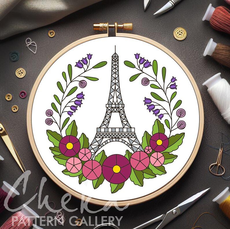 Paris Embroidery Pattern, Eiffel Tower Among Flowers, Hand Embroidery ...