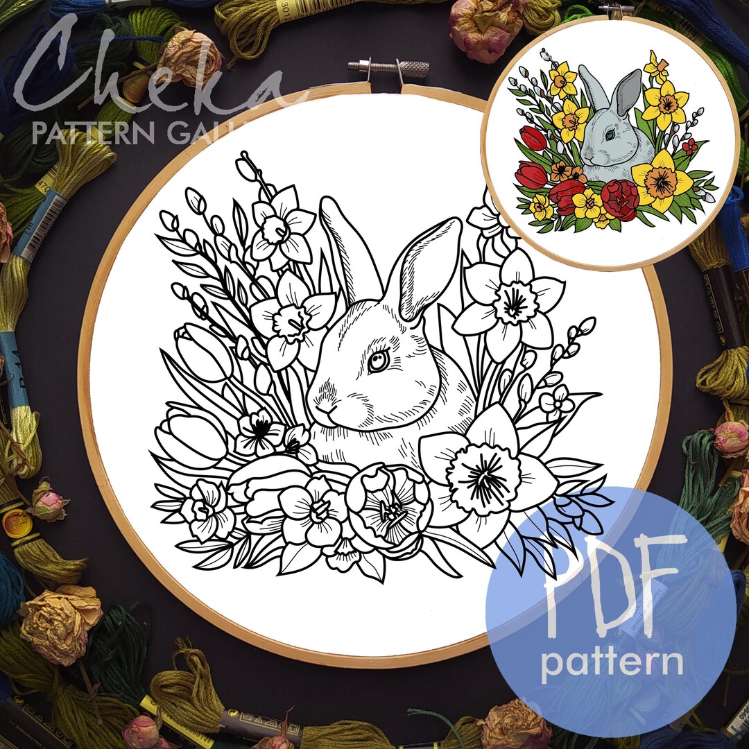 Easter Bunny, Hand Embroidery Pattern PDF, Easter Rabbit With Flowers ...