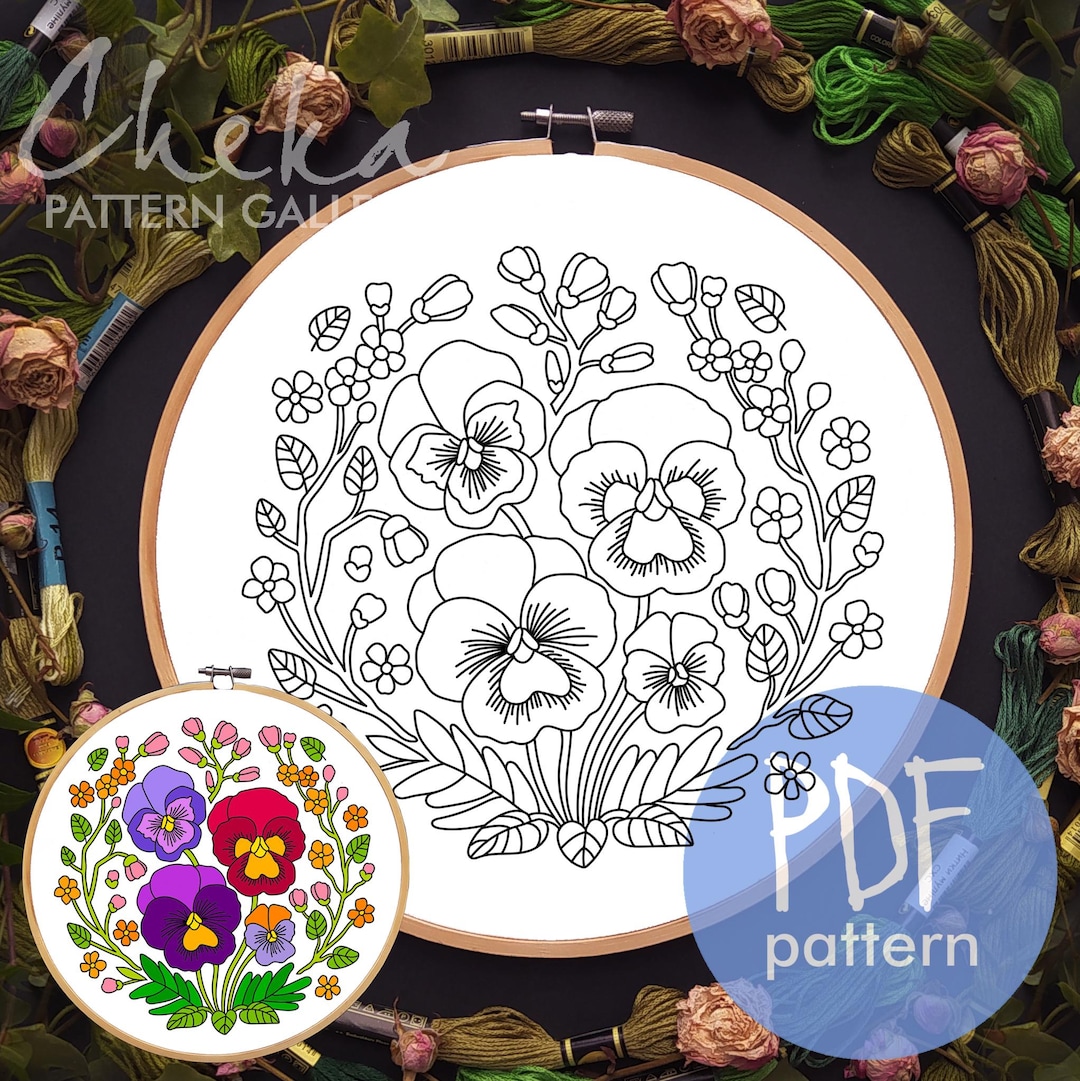 Pansies, Hand Embroidery Template, Pansy Stitch Pattern, Embroidery ...