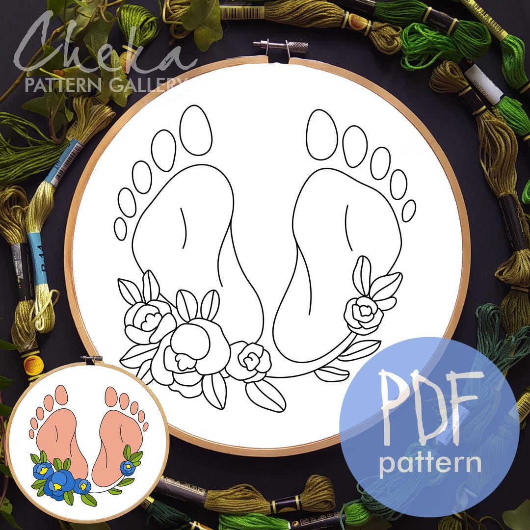 Pregnancy Hoop Art. Baby's Feet, Hand Embroidery PDF Pattern Baby Feet ...